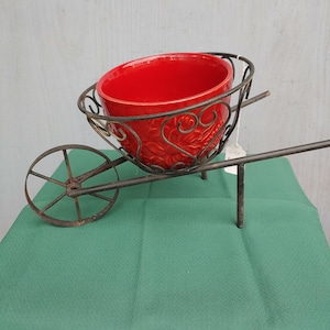 Vintage Plant Holder & Pot Wrought Iron Wheel Barrow Potted Display ...