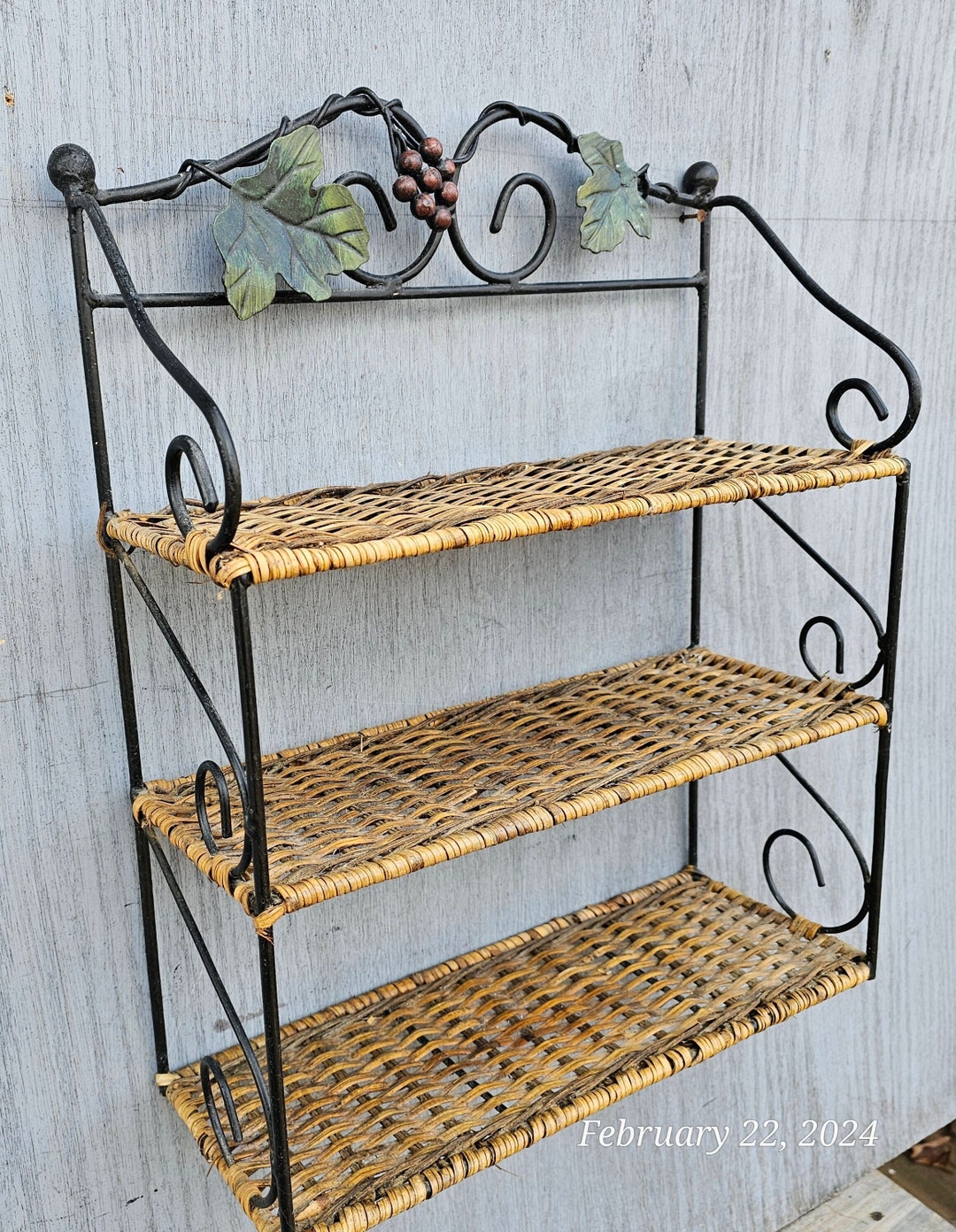 Rattan Metal Vintage Three Shelf Unit Wall Stand Alone Grape Vines ...