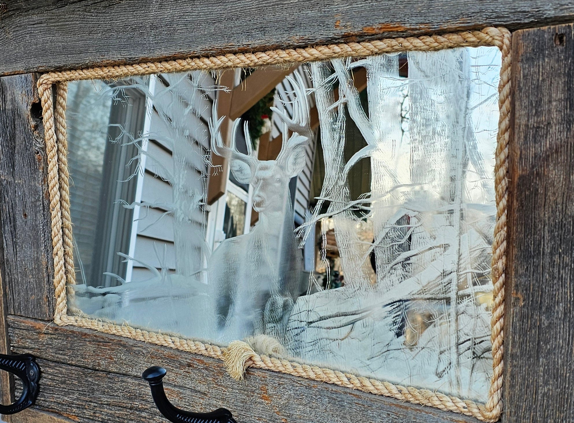 Rustic Vintage Deer Scene Mirror Etched Barnwood Framed Rope Trim Metal ...