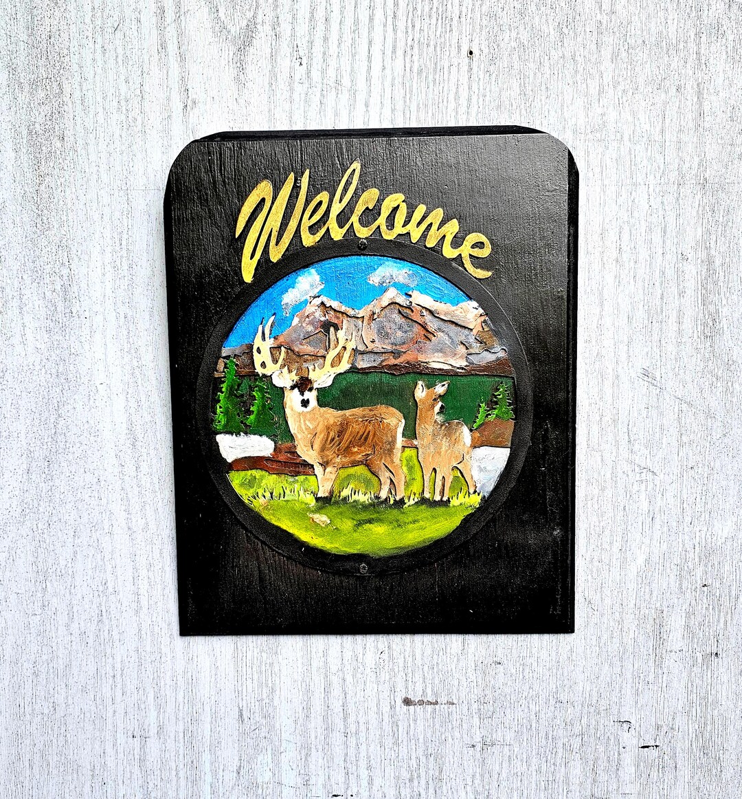 Rustic Welcome Sign: Mule Deer Pair, Oil Painted Mountain Scene ~ 1300 ...