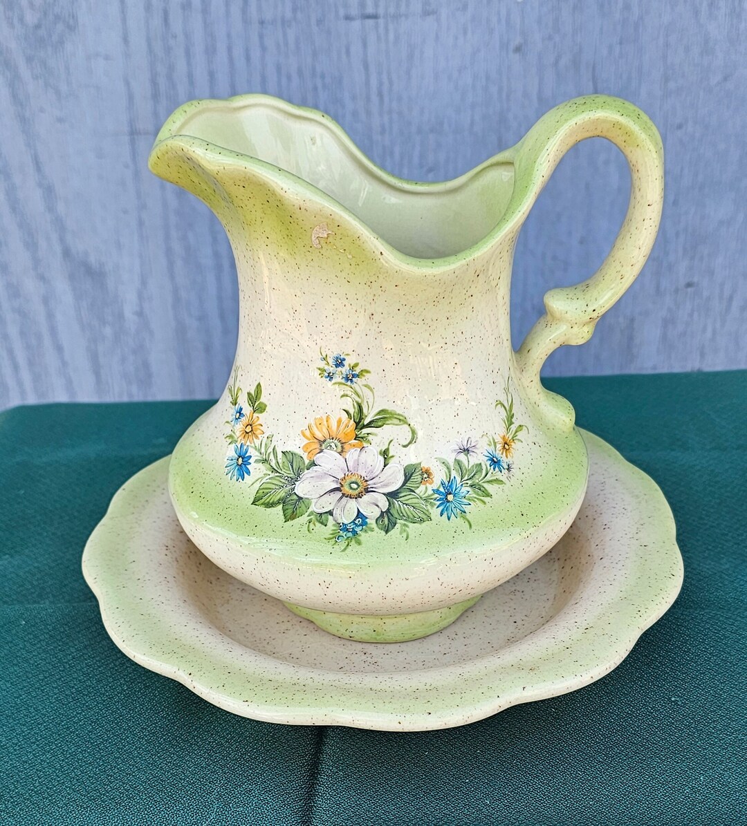 Pitcher and Bowl Mini Both Sides Flowered Dining Bedroom Bathroom Decor ...