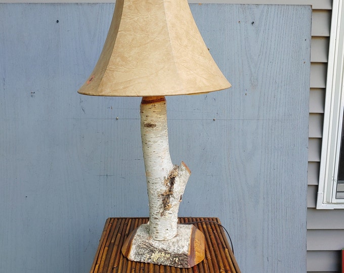 Birch Log Lamp With Faux Leather Shade, Rustic Lamp, Birch Tree Log ...