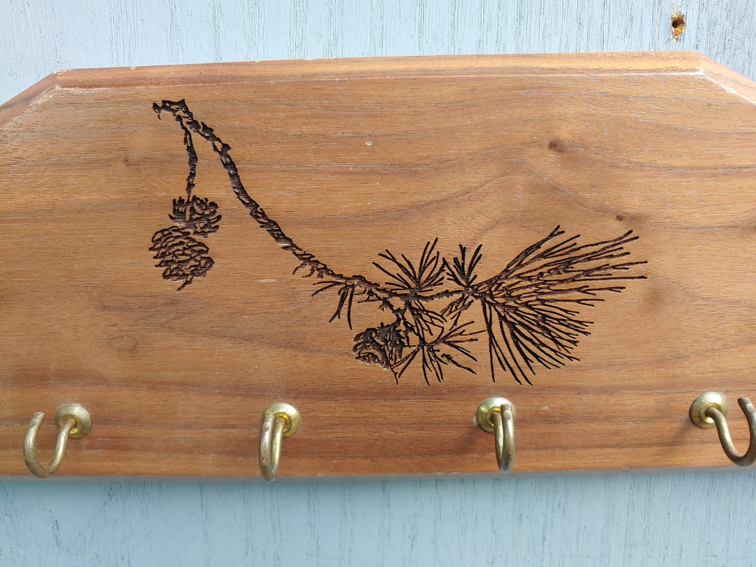 Tree Branch Pine Cones Key Holder Storage 6 Hooks Wood-burned Cabin ...