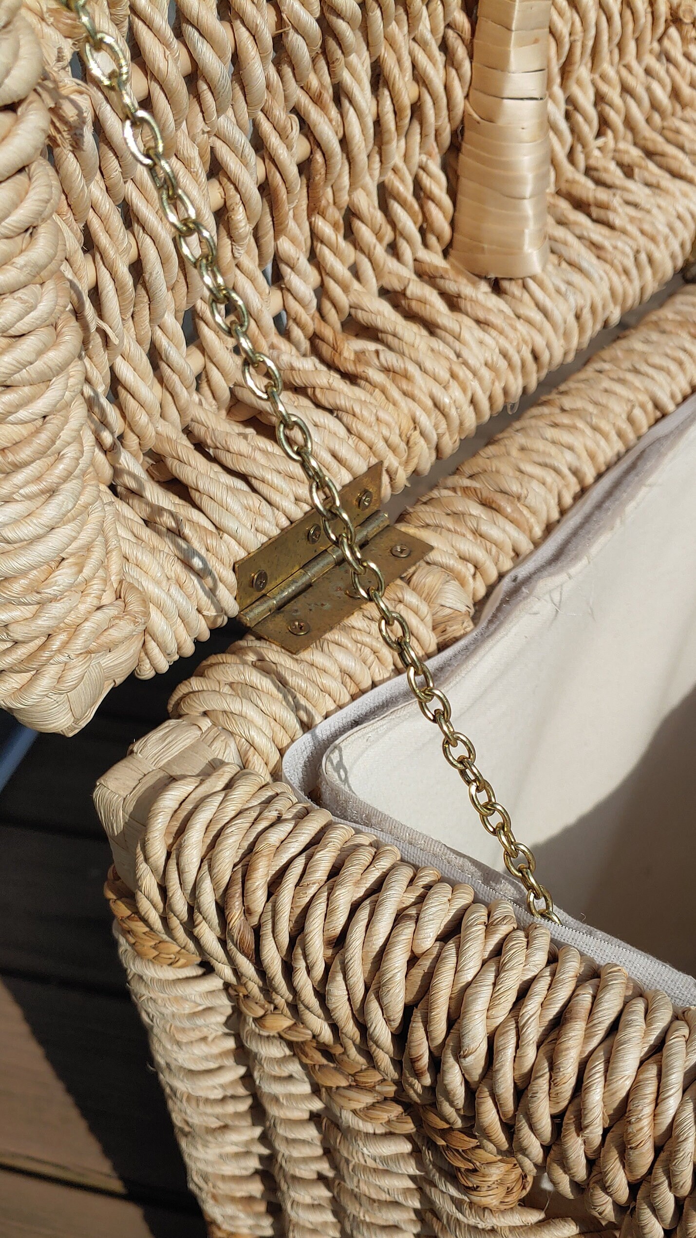 Vintage Rattan Rope Hamper Lift up Cover Liner Unique Style Woven ...
