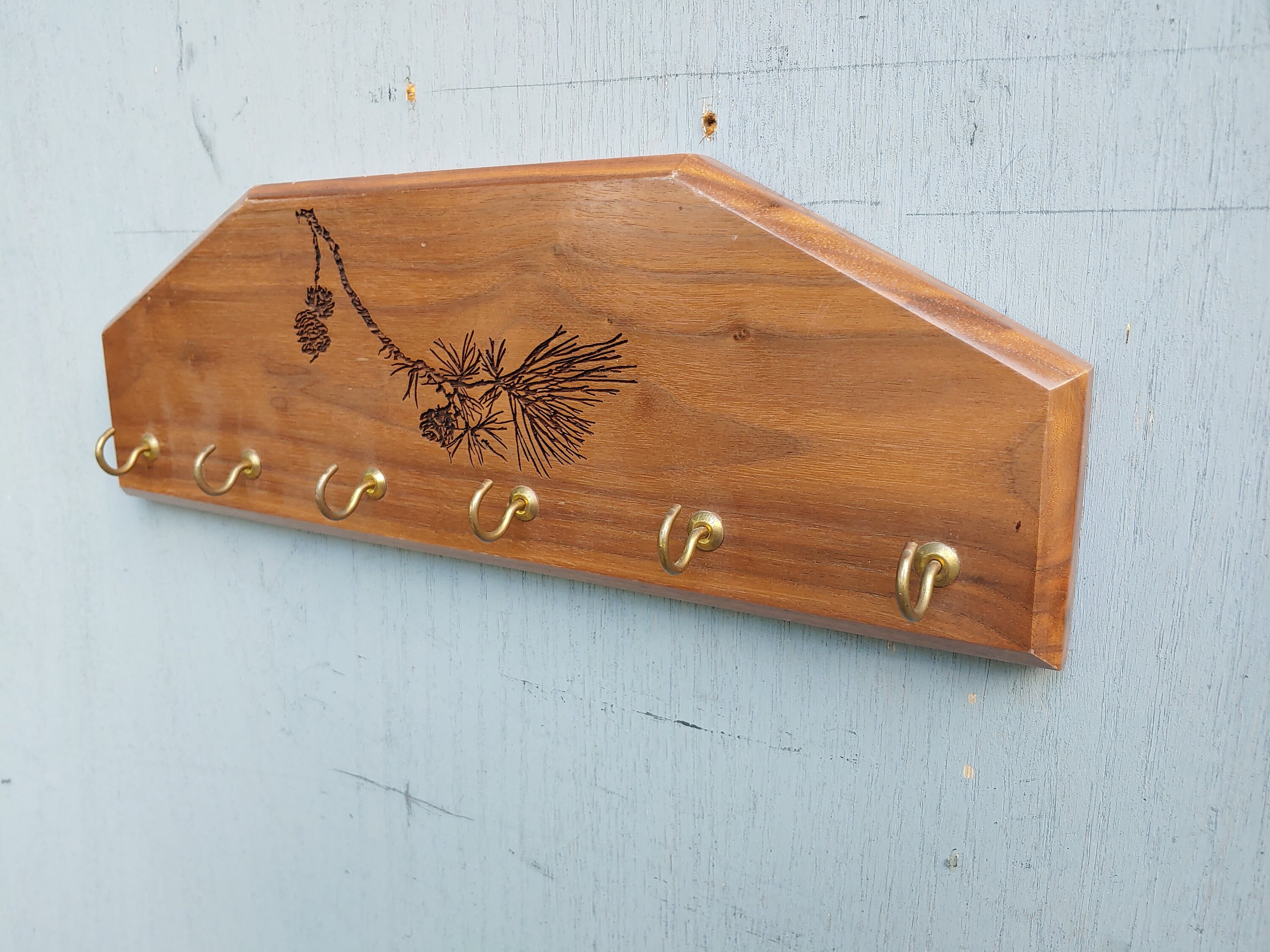 Tree Branch Pine Cones Key Holder Storage 6 Hooks Wood-burned Cabin ...