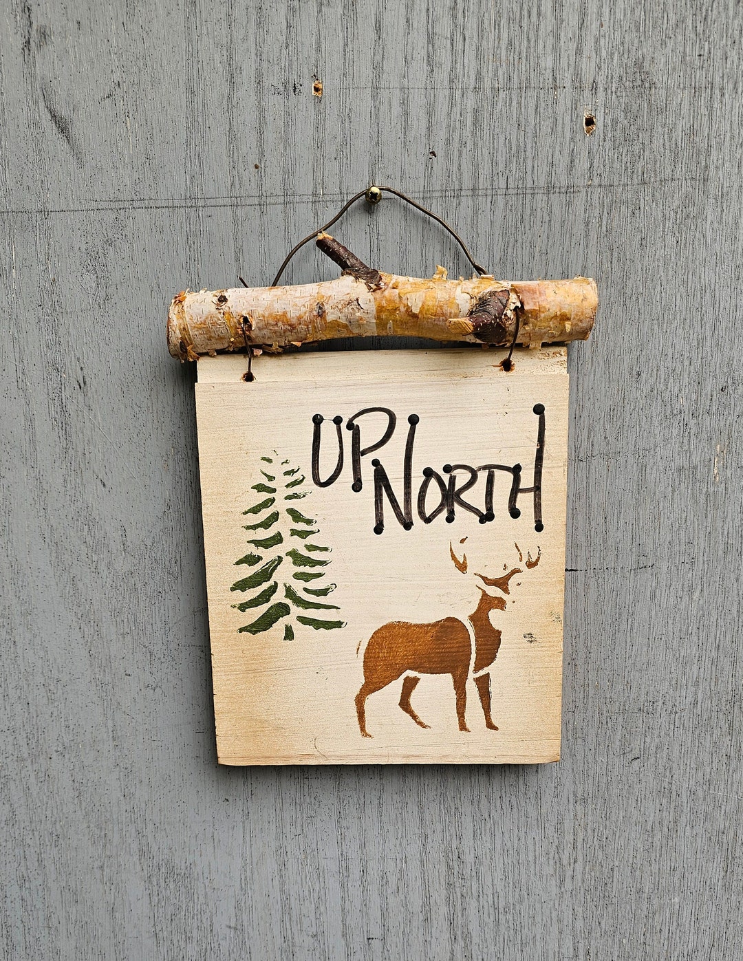 Pine "up North" Sign Deer Pine Tree Stencils Painted Birch Branch Wire ...
