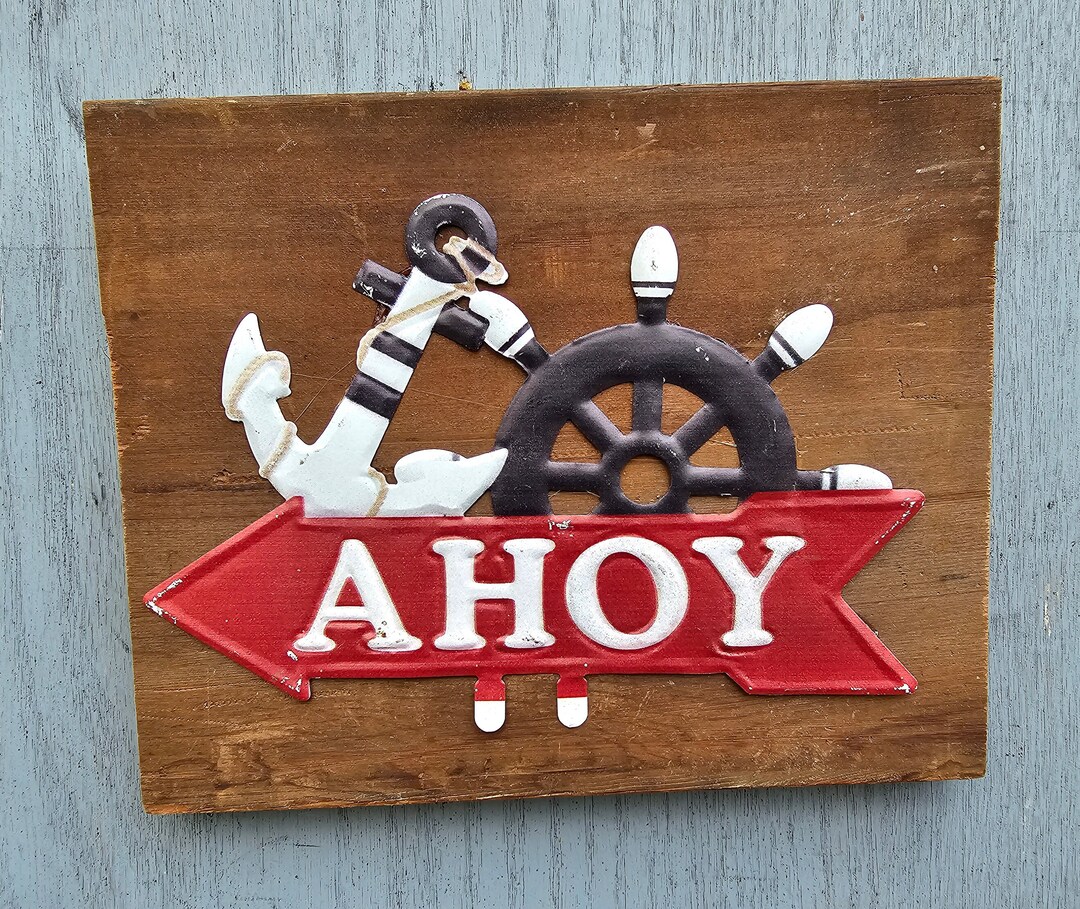 Two Great Nautical Wall Decor AHOY COAST Metal Cutout Sign Reclaimed ...