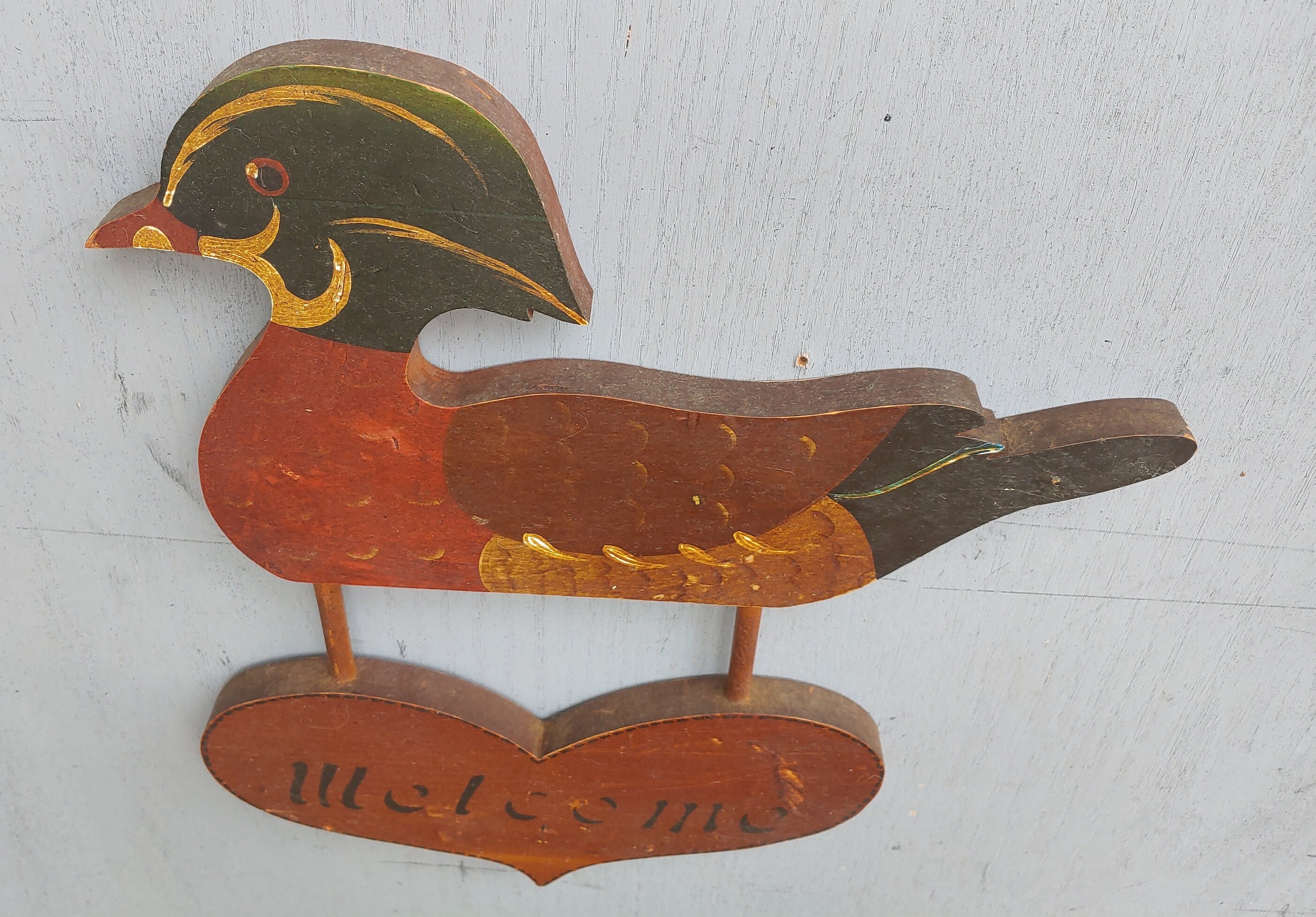 Vintage Wood Duck Wooden Welcome Sign Painted Heart Waterfowl Duck ...