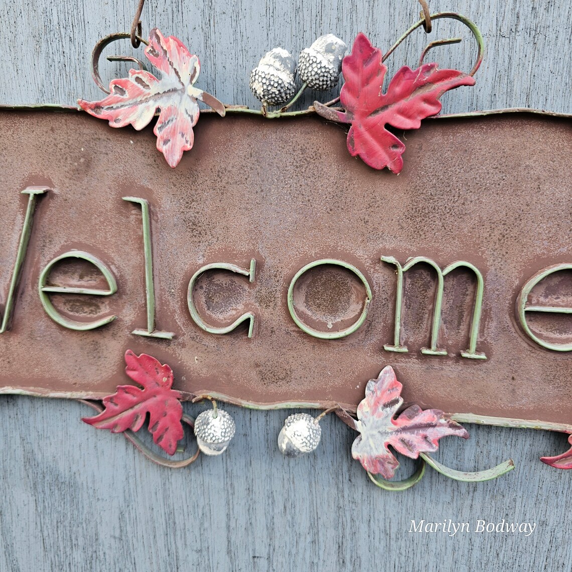 Vintage Metal Welcome Sign Acorns Oak Leaves Wall Hanging Wire Hanger ...