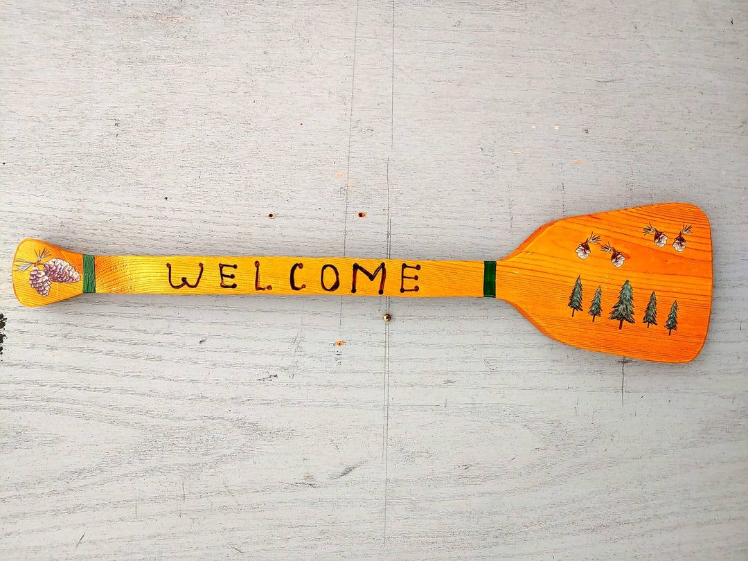 Vintage Welcome Canoe Paddle Sign: Painted Pine Cone Cabin Decor ~ 1073 ...