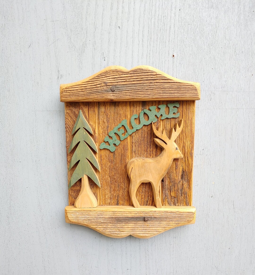 Vintage All Wood Rustic Whitetail Deer Welcome Sign Pine Tree Wildlife ...