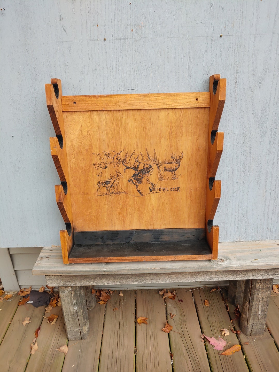 Vintage All Wood Gun Rack Laser Burned Deer Four Gun Storage Hunting ...