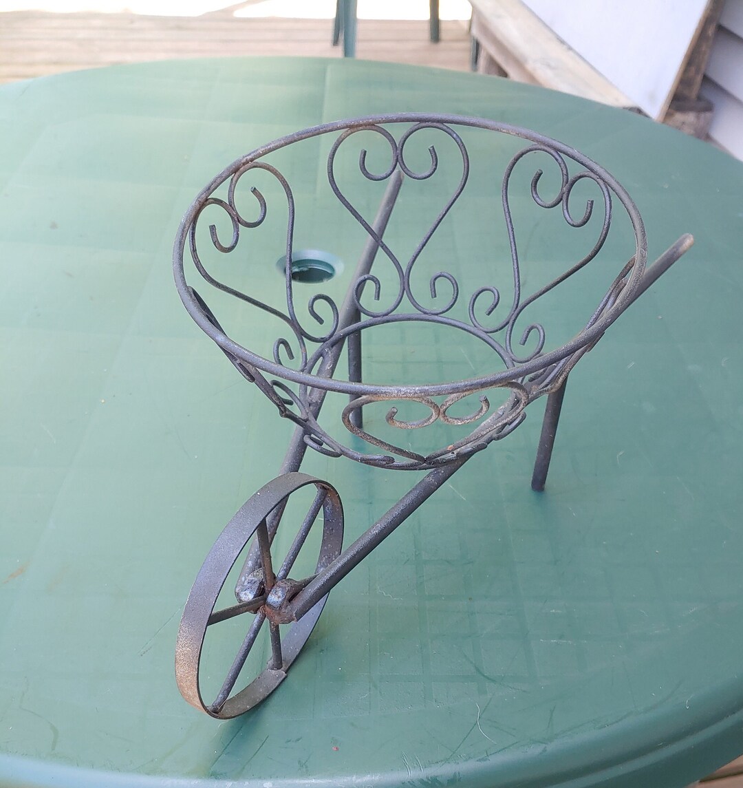 Vintage Plant Holder & Pot Wrought Iron Wheel Barrow Potted - Etsy