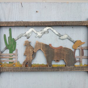Rustic Open Wood Western Corral Scene Cowboy Hat Rope Cactus Horse ...