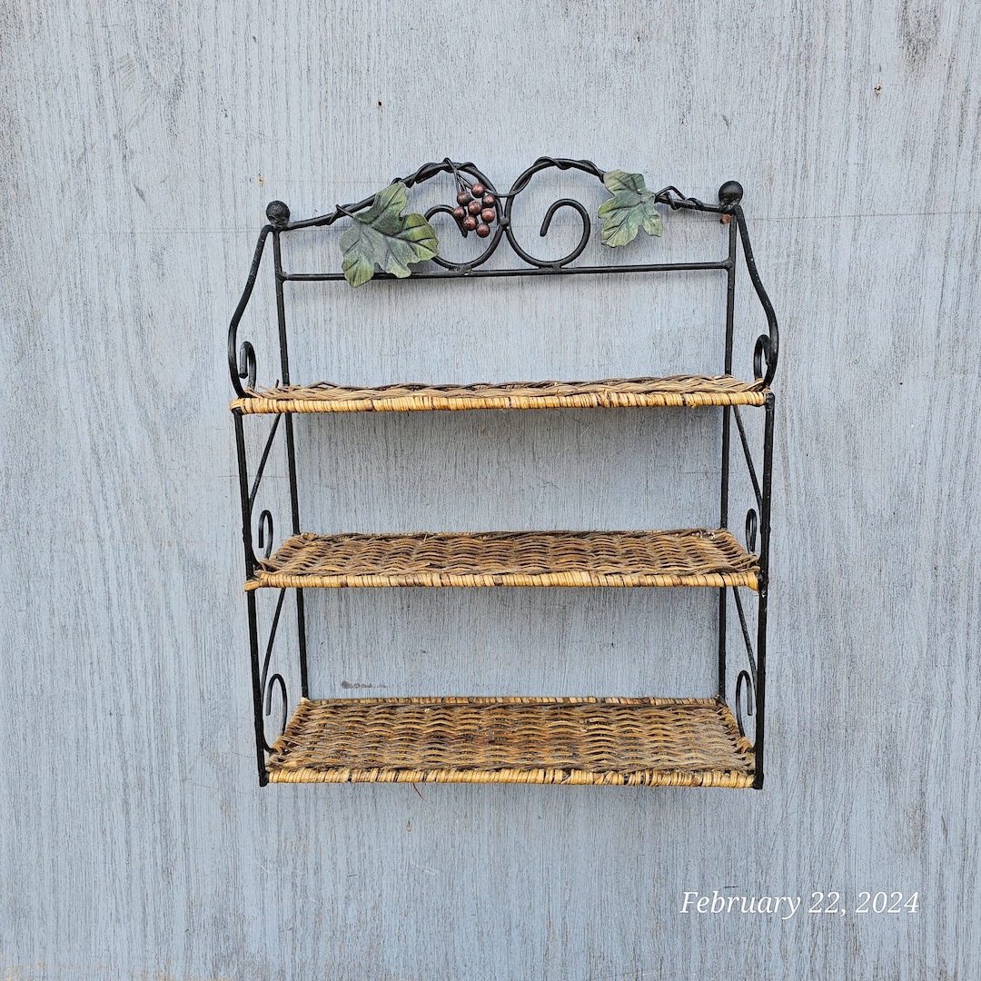 Rattan Metal Vintage Three Shelf Unit Wall Stand Alone Grape Vines ...