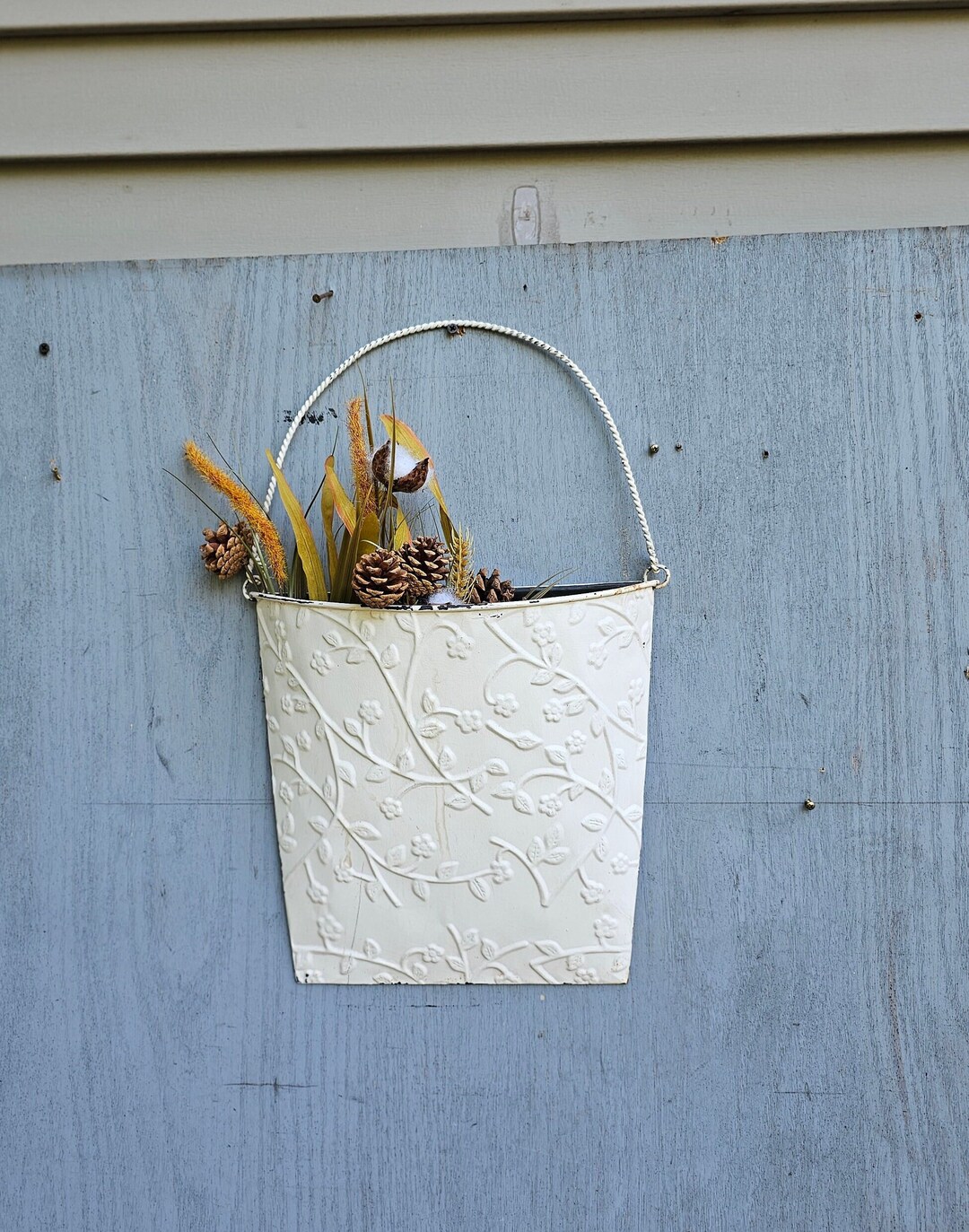 Pressed Tin Flower Bucket Metal Distressed Ivory Color Hanging Outdoors ...