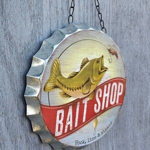 Bottle Cap Bait Shop Sign: Vintage Wall Hanging Fishing Decor Metal ...