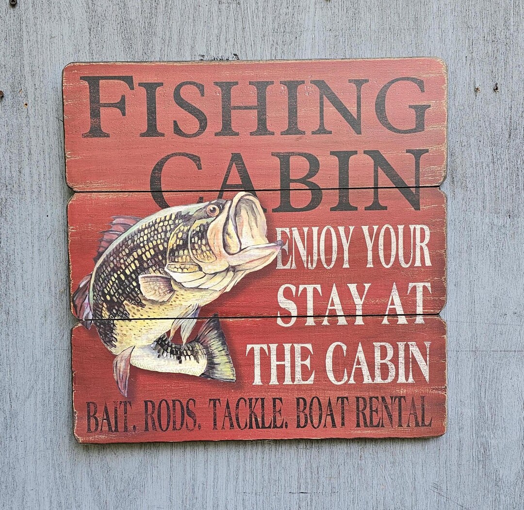 Vintage Fishing Cabin Sign Bass Bait Tackle Rods Boat Rental Distressed ...
