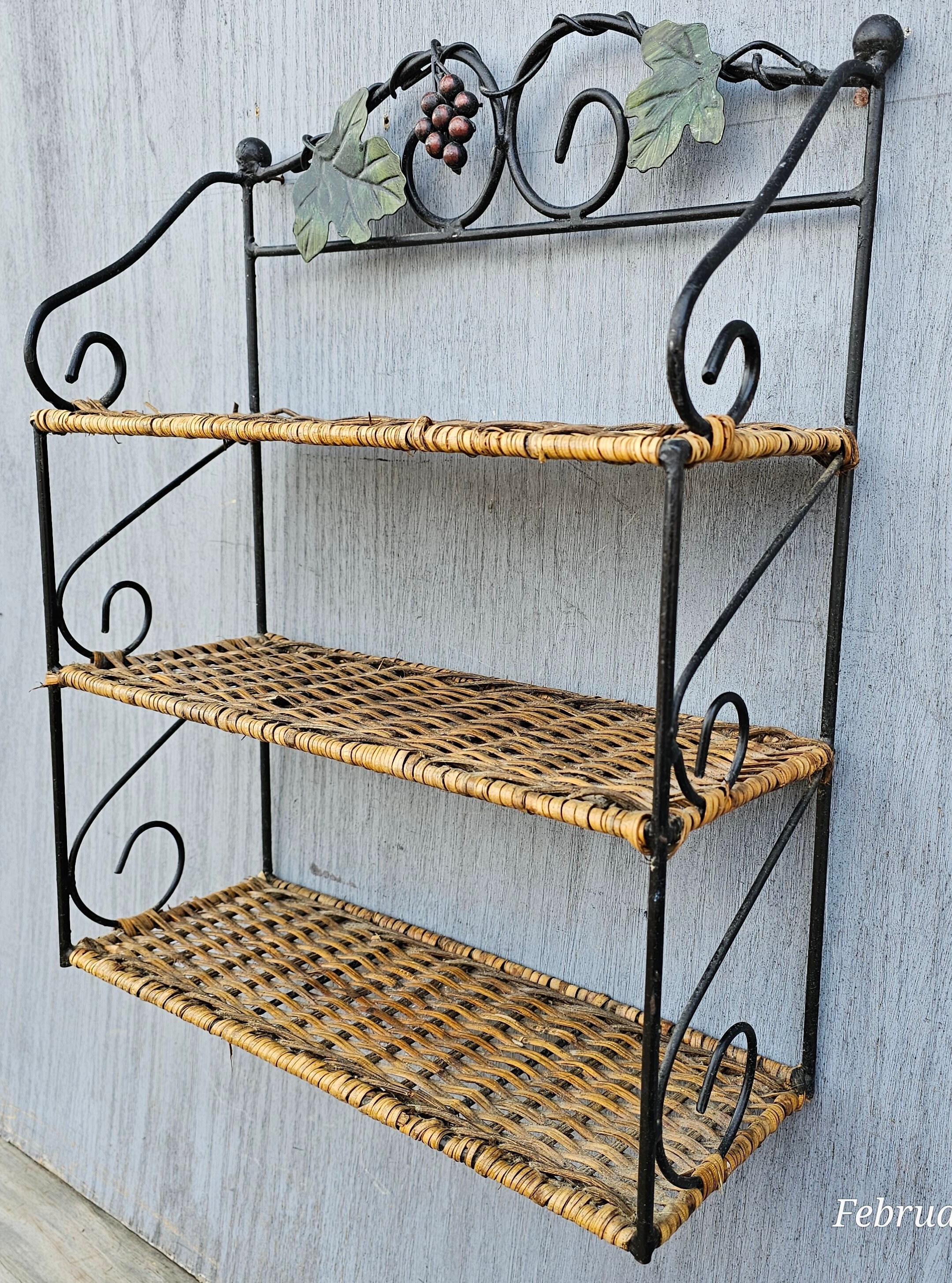 Rattan Metal Vintage Three Shelf Unit Wall Stand Alone Grape Vines ...