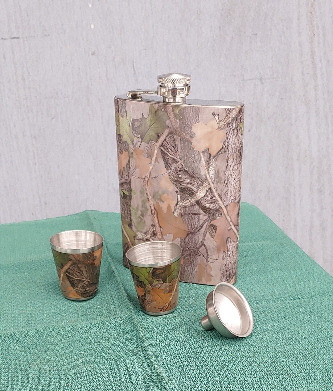 Rugged Camouflaged Flask Set Vintage Stainless Steel Two Steel Shot ...