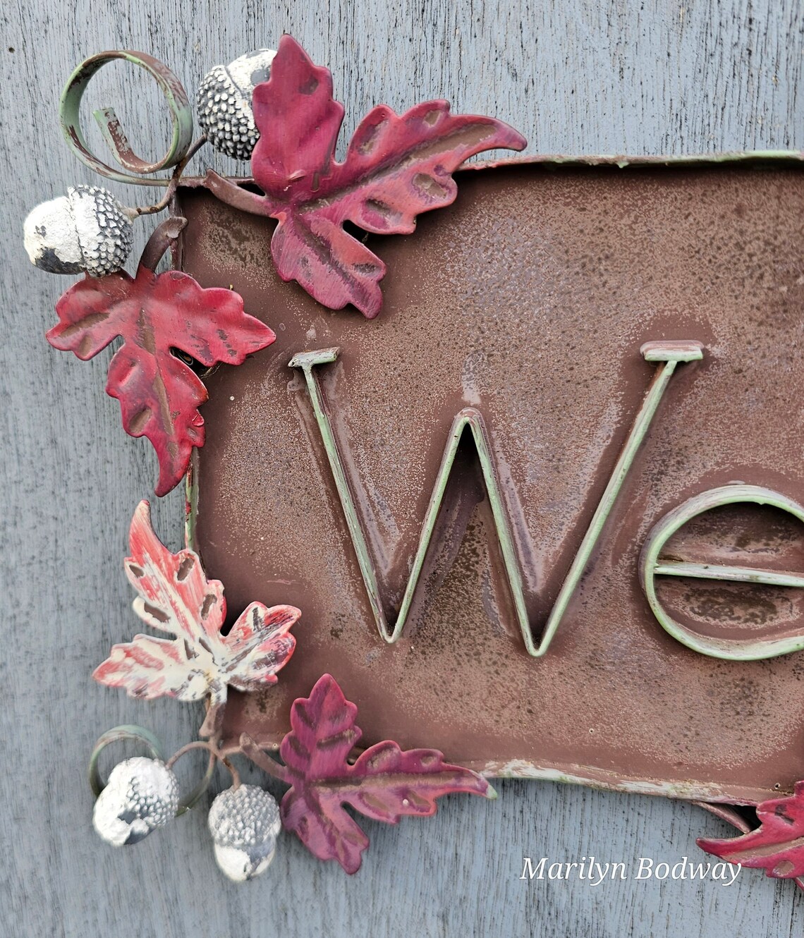 Vintage Metal Welcome Sign Acorns Oak Leaves Wall Hanging Wire Hanger ...