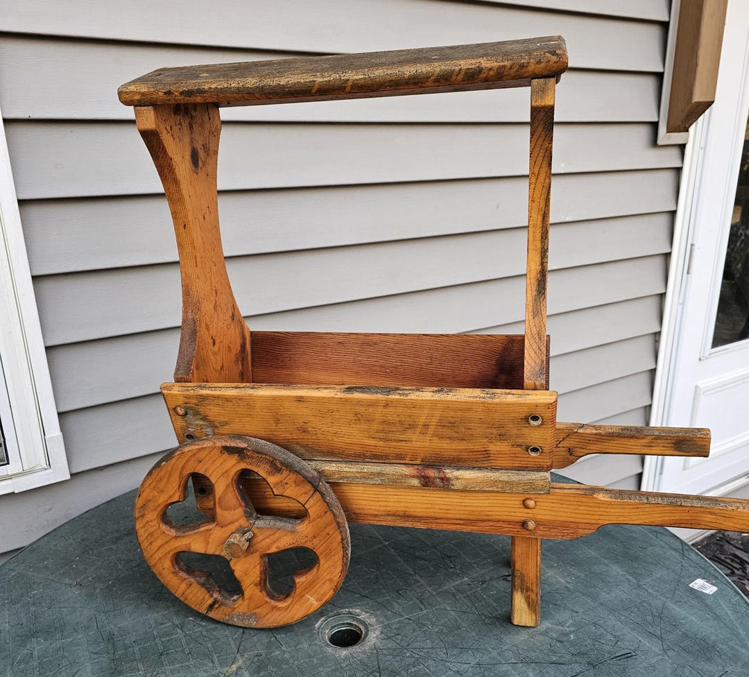 Vintage Wood Flower Cart Roof Heart Wheeled Plants Blossoms Moveable ...