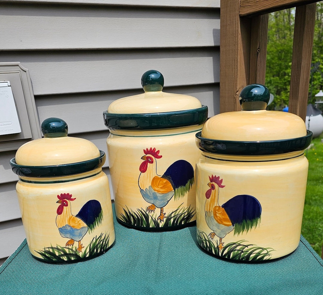 Vintage Ceramic Canister Set Rooster Theme Yellow Three Sizes Sealed ...