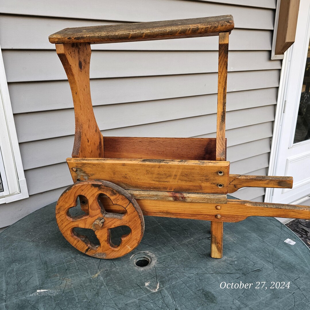 Vintage Wood Flower Cart Roof Heart Wheeled Plants Blossoms Moveable ...