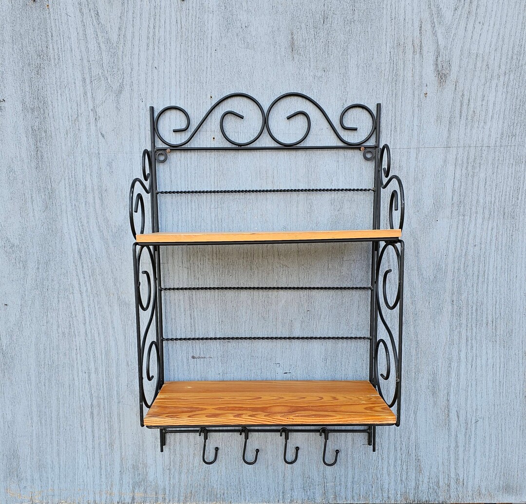 Wood Iron Scroll-work Shelf Two Shelves Pot Holder Hooks Kitchen ...