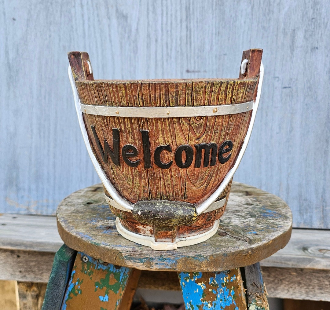 Vintage Resin Pail Planter Faux Wood Handle "welcome" Porch Front Door ...