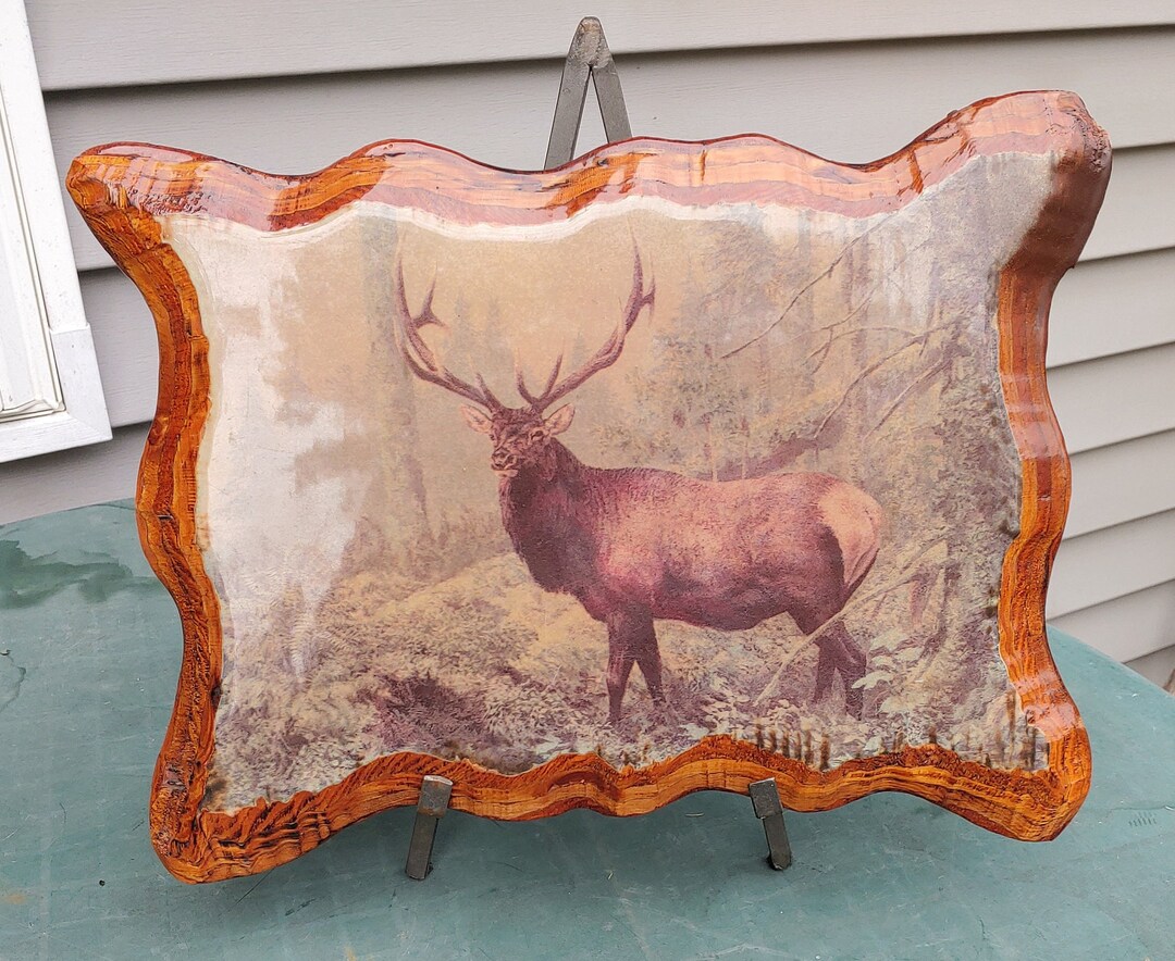 Rustic Wood Elk Tabletop Art Wildlife Mountains Woodland Animal Mantle ...