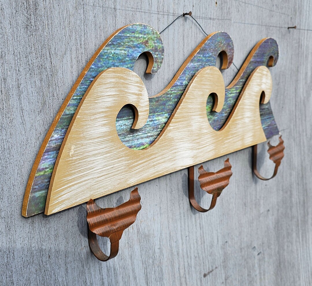 Ocean Wave Wood Coat Rack: Vintage Fish Tail Hooks, Seaside Cottage ...