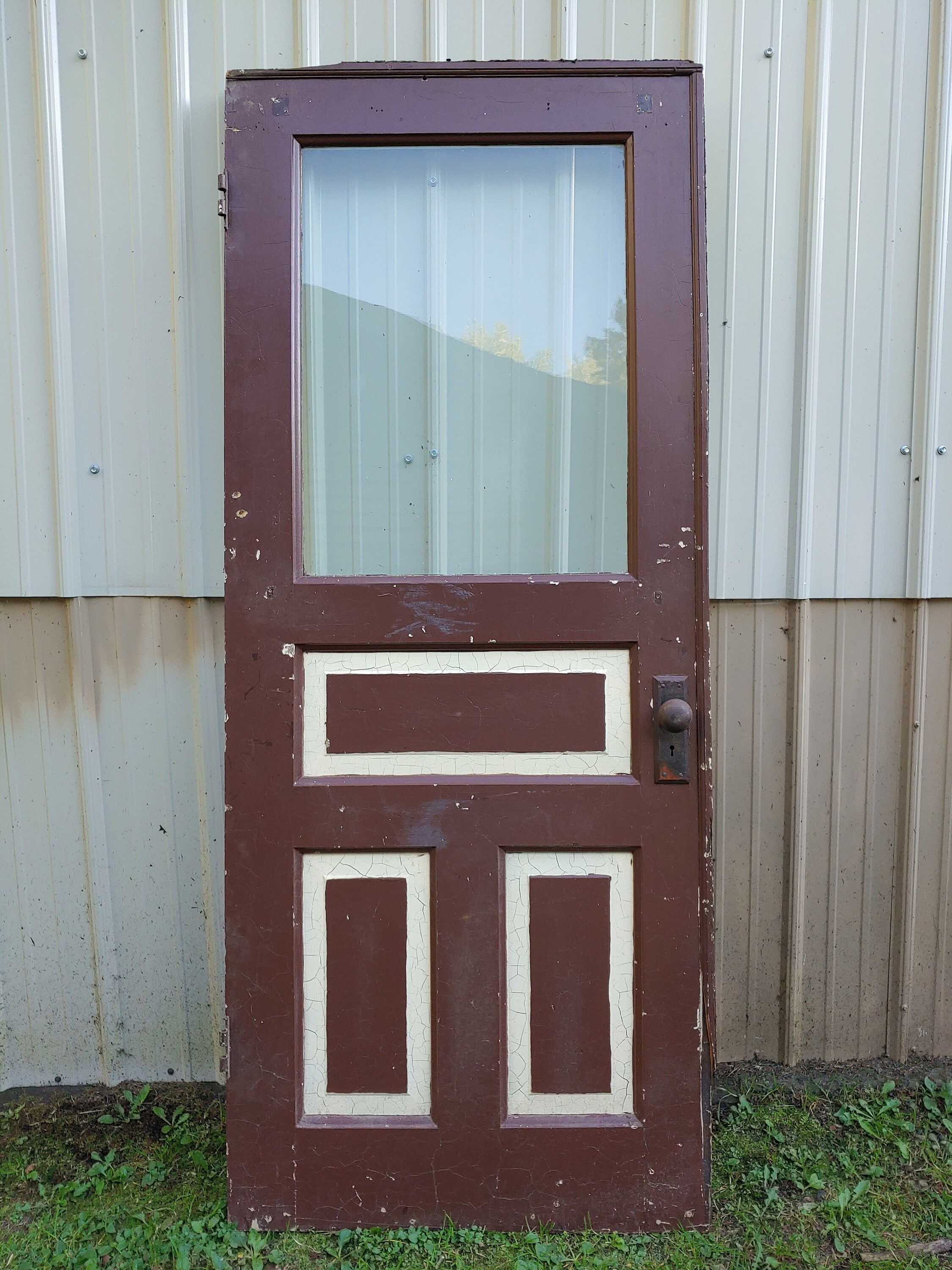 Three Panel 1/2 Lite Exterior Door Vintage Wavy Glass Complete Handle ...