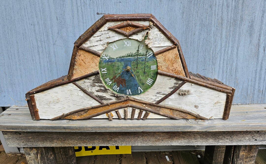 Birch Bark Clock With Moose Painting: Rustic Cabin Decor ~ 1244 - Etsy