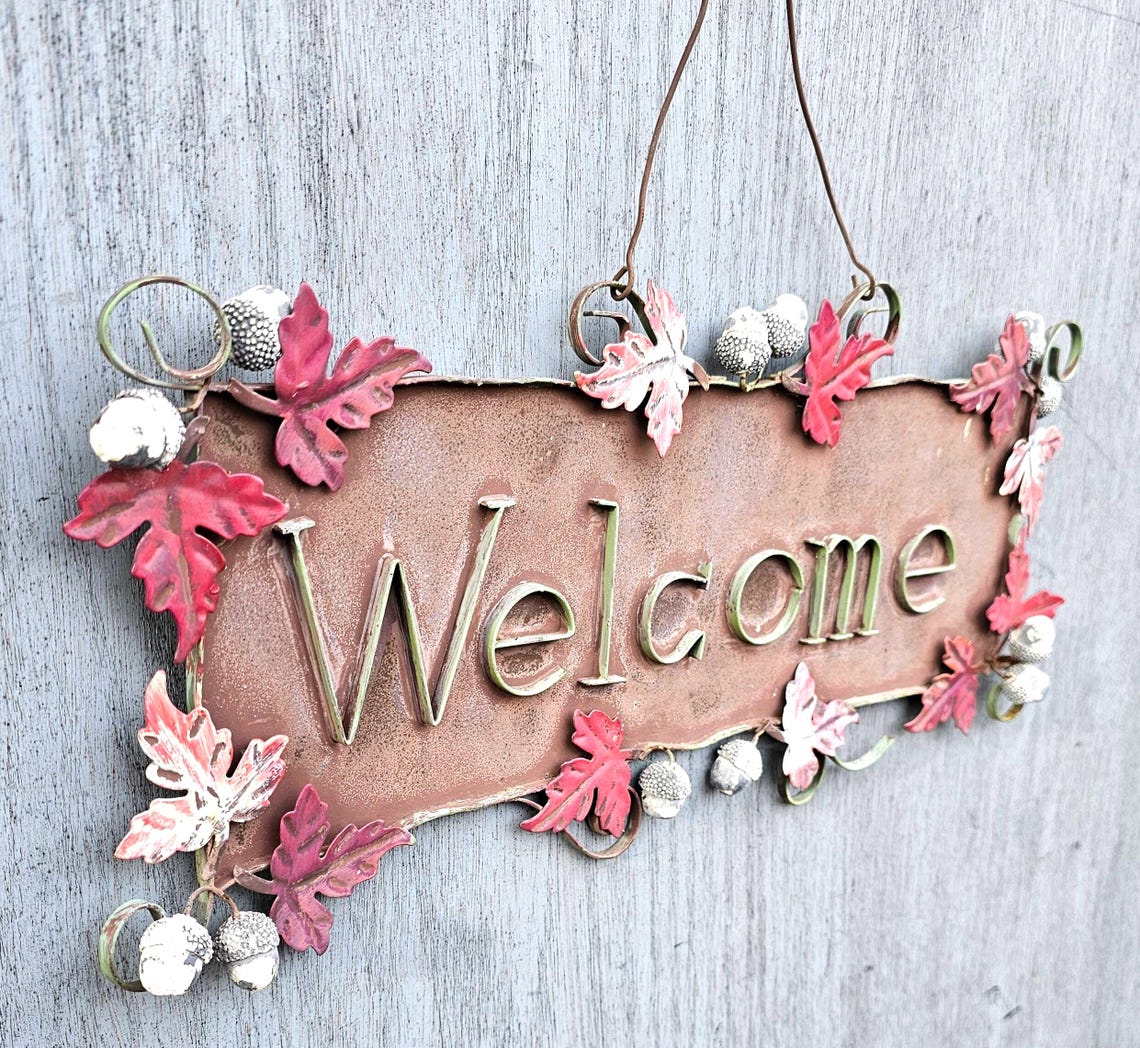 Vintage Metal Welcome Sign: Acorns & Oak Leaf Wall Decor ~ 1384 - Etsy