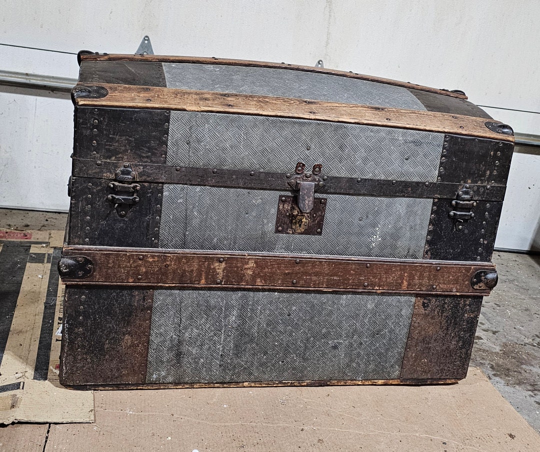 Vintage Domed Steamer Trunk 1800's Storage Pressed Tin Oak Wood Trunk ...