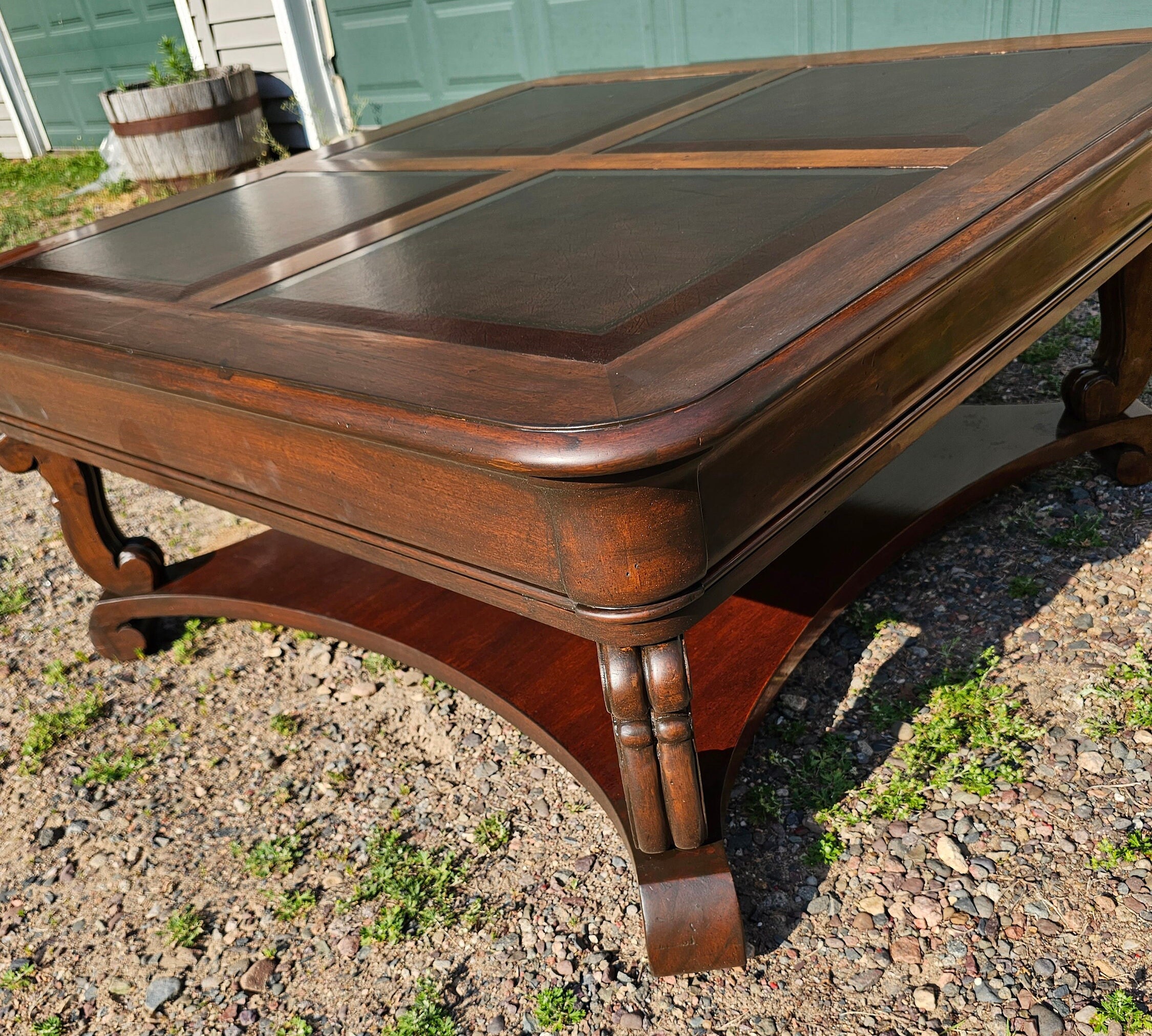 Square Coffee Table Bottom Shelf Dark Wood Four Leather Blocks - Etsy