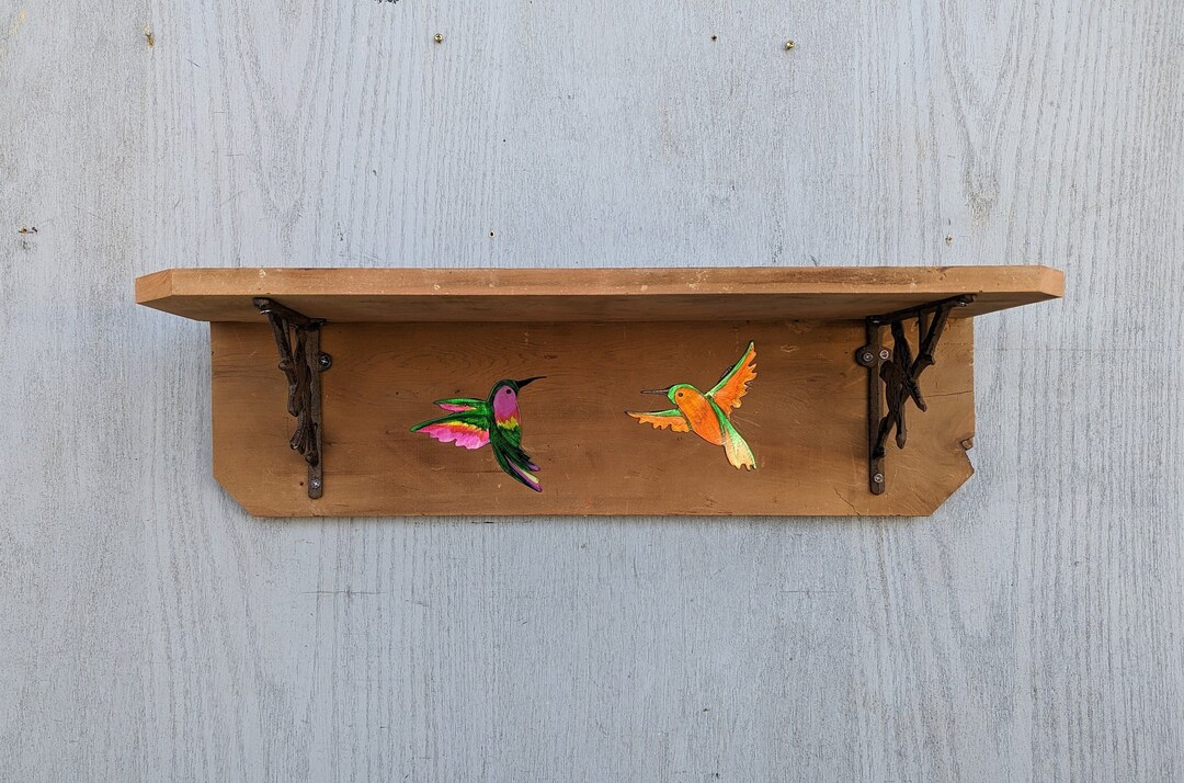 Hummingbird Shelf Bird Brackets Colorful Metal Birds Reclaimed Wood ...