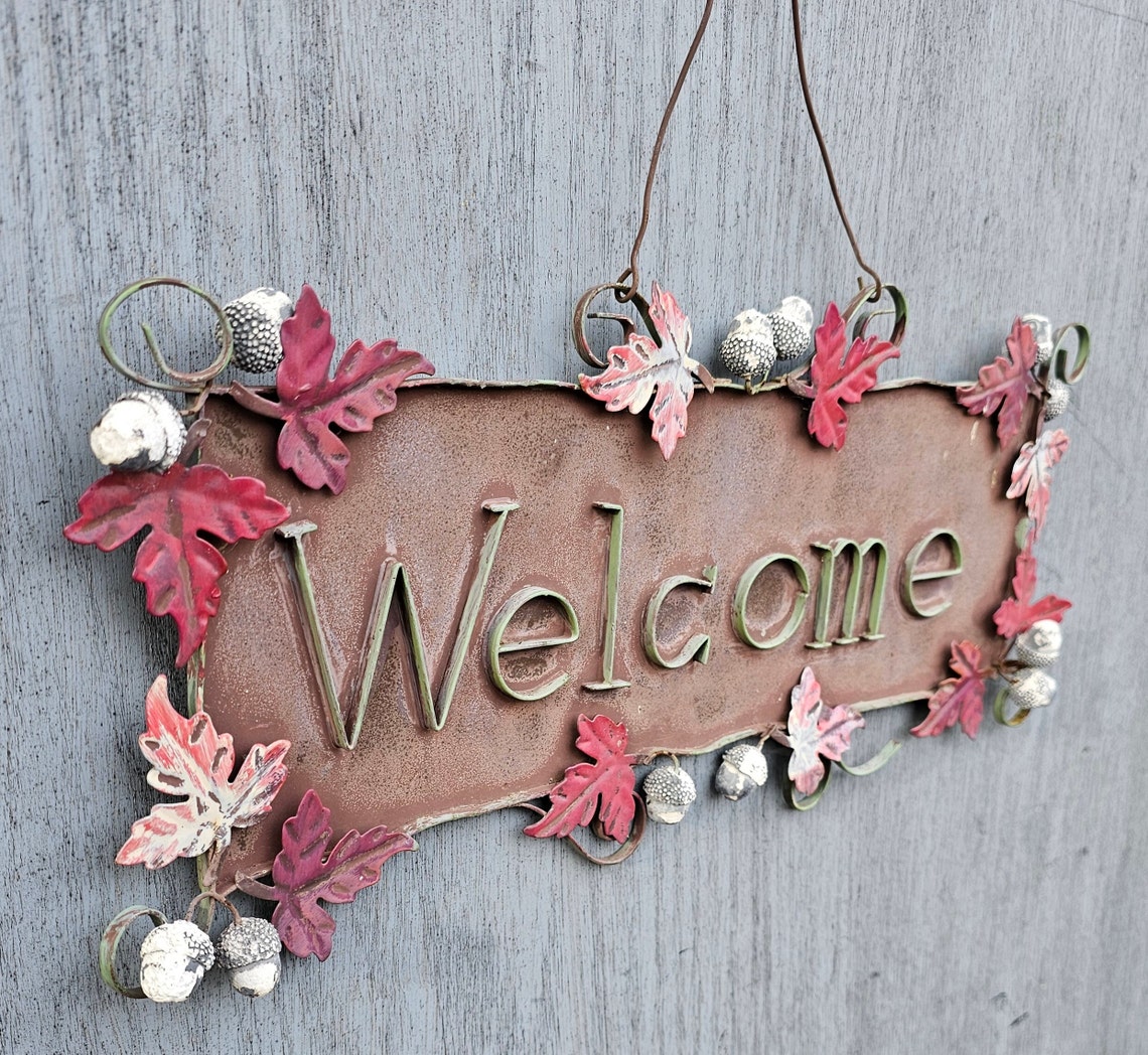 Vintage Metal Welcome Sign Acorns Oak Leaves Wall Hanging Wire Hanger ...