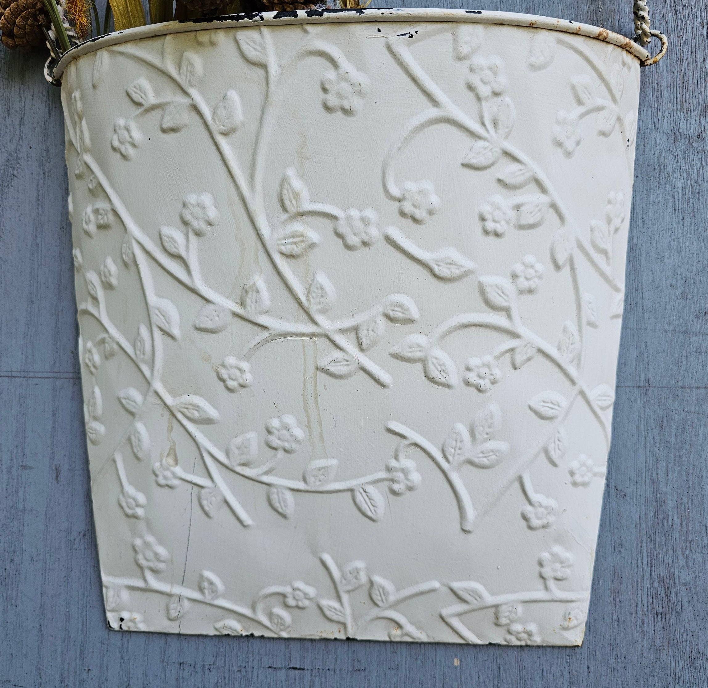 Pressed Tin Flower Bucket Metal Distressed Ivory Color Hanging Outdoors ...