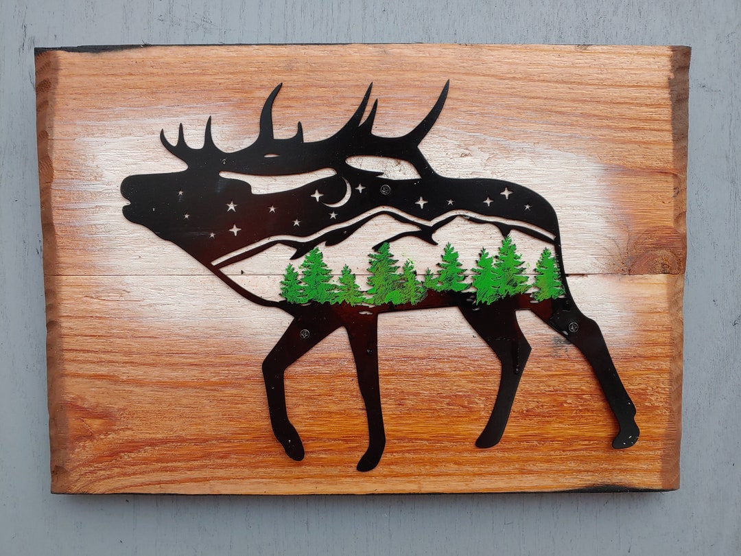 Elk Silhouette Wall Art, Cutout, Wildlife, Woodland, Pines, Night Scene ...
