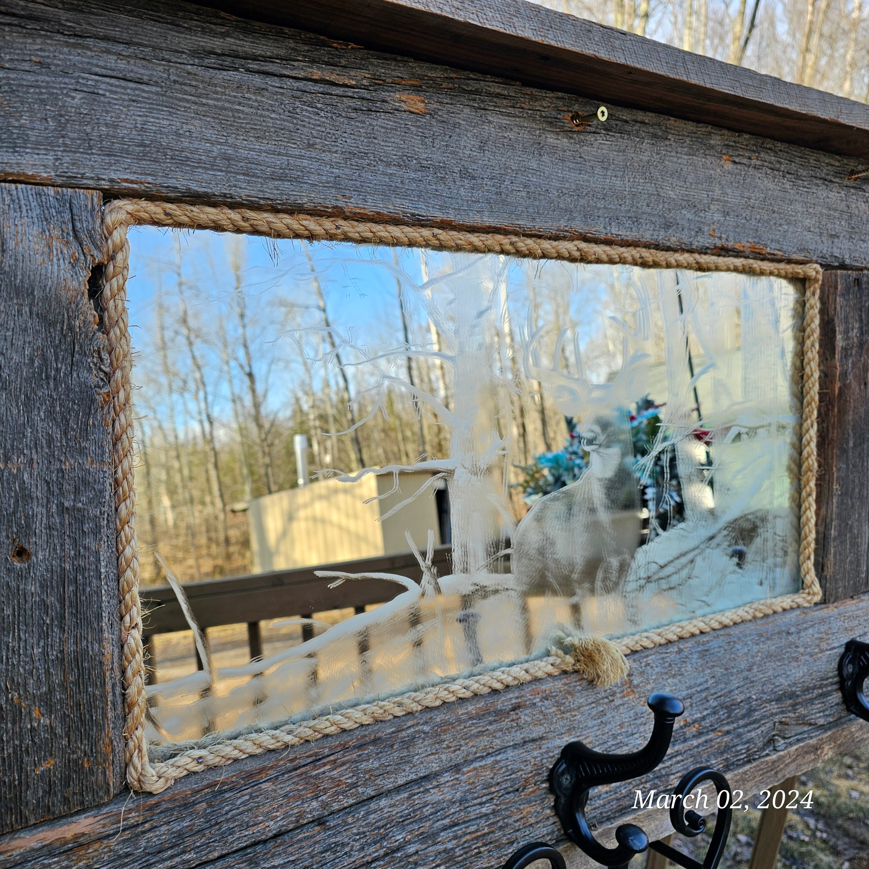 Rustic Vintage Deer Scene Mirror Etched Barnwood Framed Rope Trim Metal ...