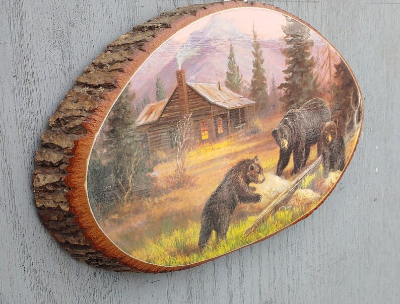 Vintage Live Edge Bear Picture Decopauged Tree Slab Mama - Etsy