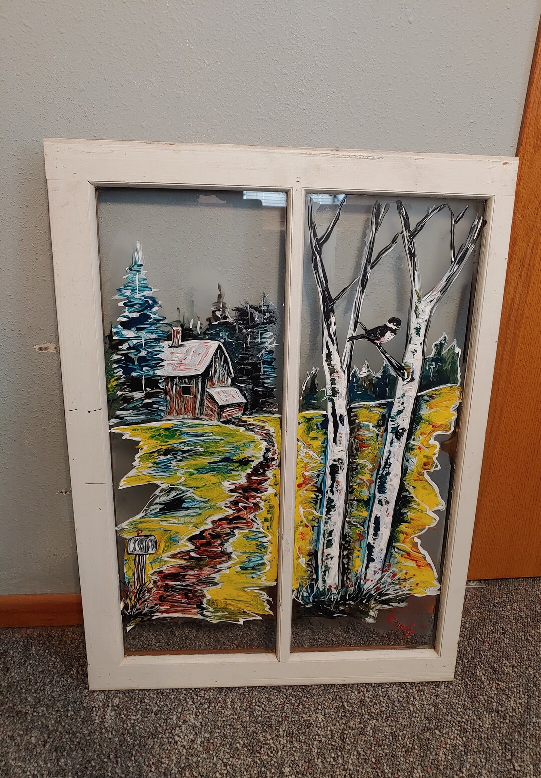Vintage Repurposed Painted Window Original Rustic Scenery Cabin Birches ...