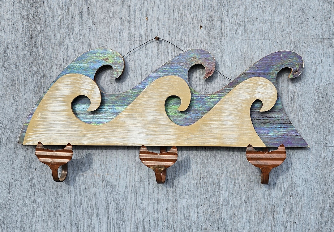 Vintage Riding the Waves Coat/hat Hanger Fish Tail Hooks Metal Wood Towel Hangers Bathroom Ocean ...