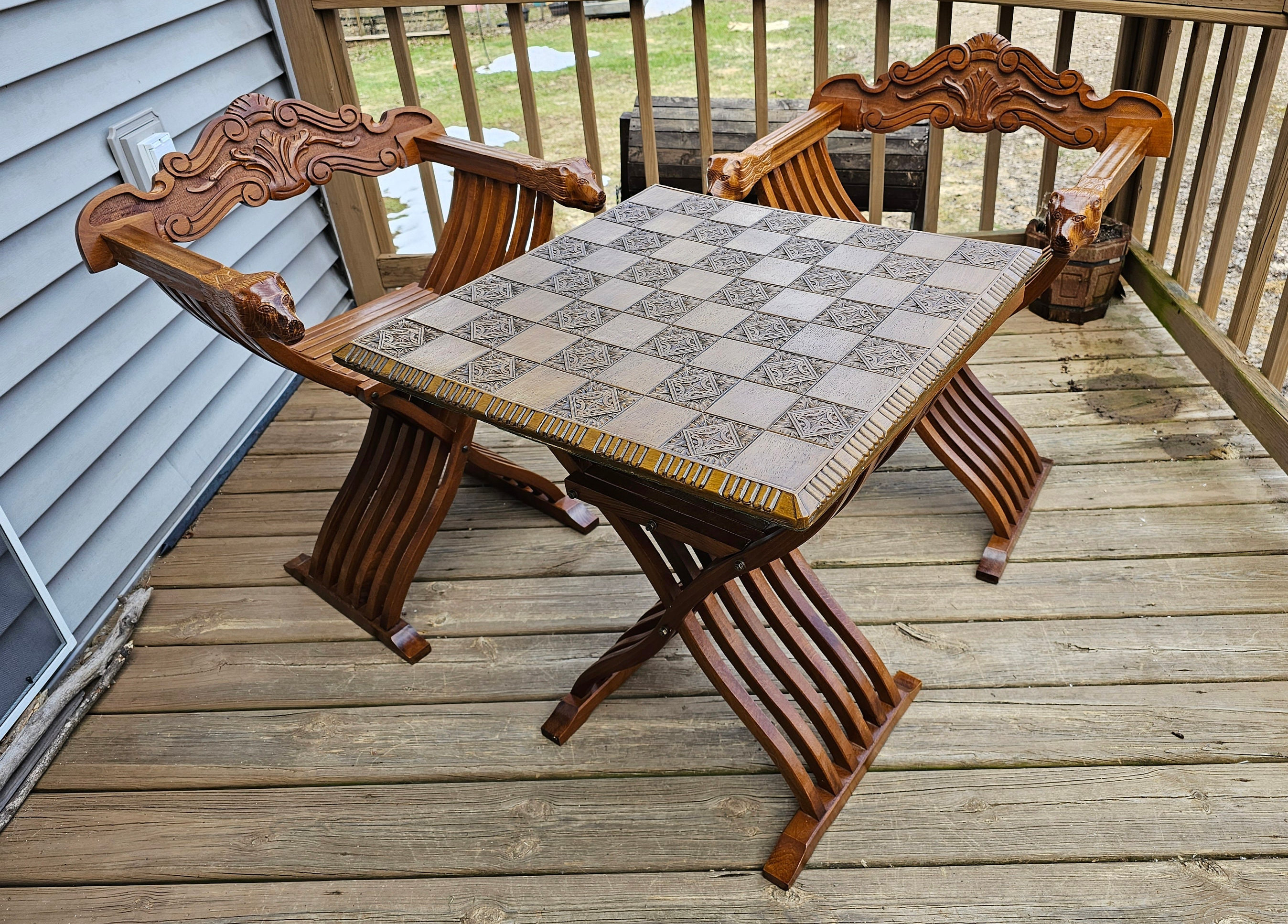 Chess Table Two Chairs Large Checkers Board Seat Cushions New Felt ...