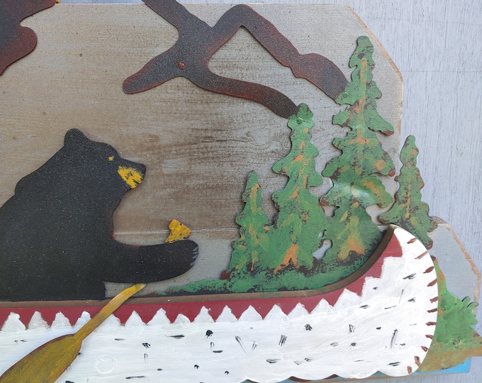 Rustic Bear Canoe Paddle Mountains Pine Trees Painted Woodland Animal ...