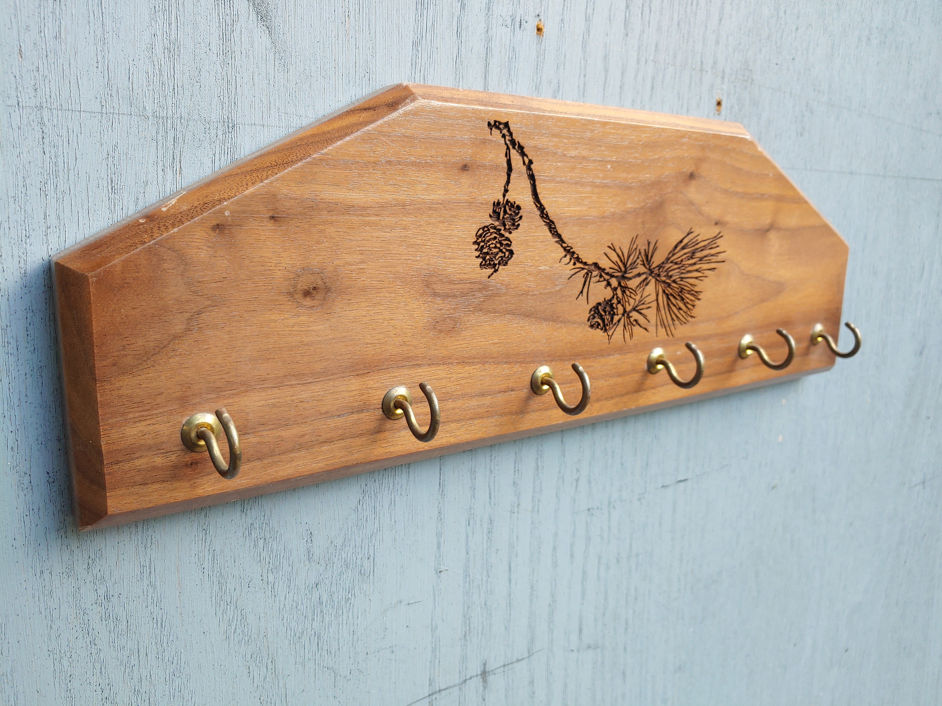 Tree Branch Pine Cones Key Holder Storage 6 Hooks Wood-burned Cabin ...