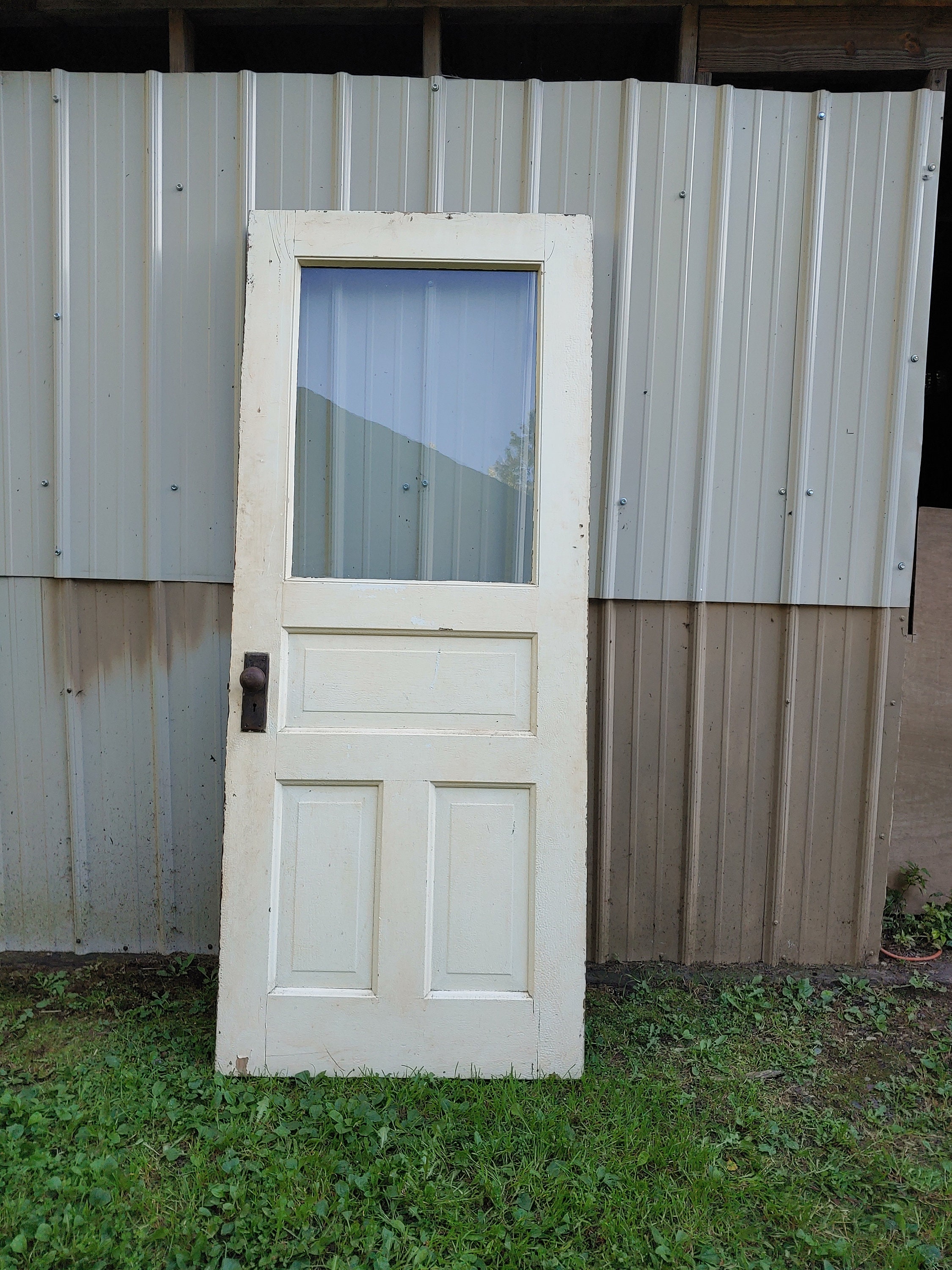 Three Panel 1/2 Lite Exterior Door Vintage Wavy Glass Complete Handle ...