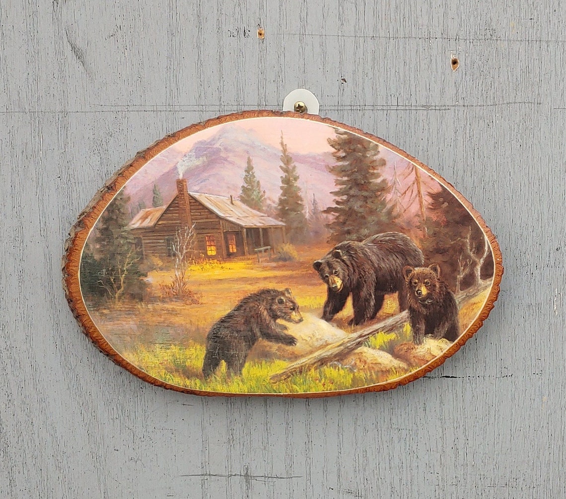 Vintage Live Edge Bear Picture Decopauged Tree Slab Mama - Etsy
